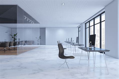 다양한 물건과 가구가 있는 콘크리트 및 목재 유리 사무실 인테리어 도시 전망과 일광이 있는 창문 3d 렌더링 0명에 대한 스톡 사진 및 기타 이미지 Istock