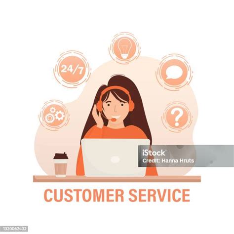 콜 센터 핫라인 플랫 벡터 일러스트레이션 헤드셋 만화 캐릭터와 함께 미소 사무실 노동자 노트북이 있는 헤드폰과 마이크가 있는 캐릭터 Brand Name Online