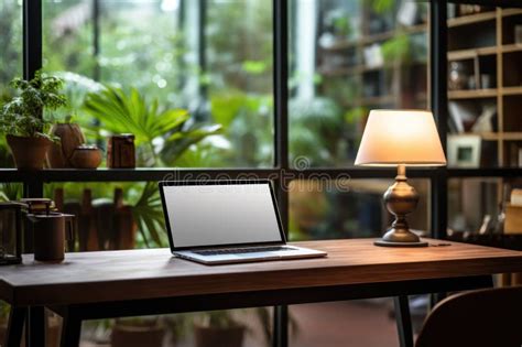 Workspace With Laptop Computer Empty Screen And Office Supply On Wooden Table Ai Generate Stock