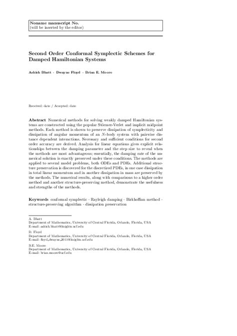 Pdf Second Order Conformal Symplectic Schemes For Damped Hamiltonian Systems Ashish Bhatt