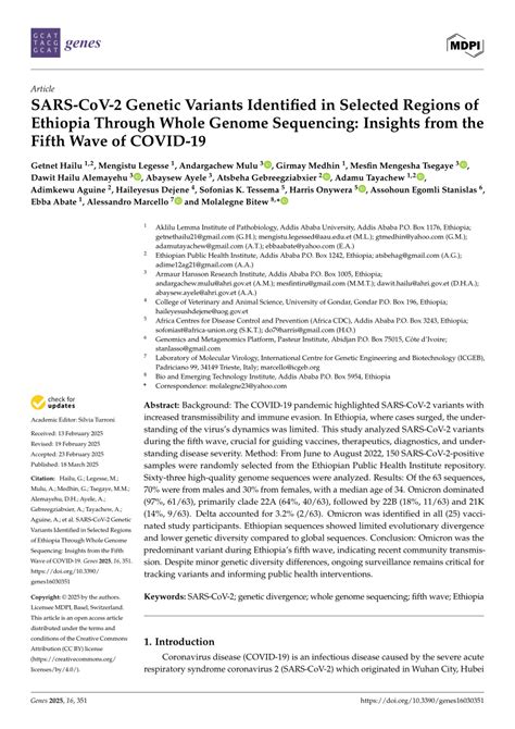 Pdf Sars Cov 2 Genetic Variants Identified In Selected Regions Of Ethiopia Through Whole