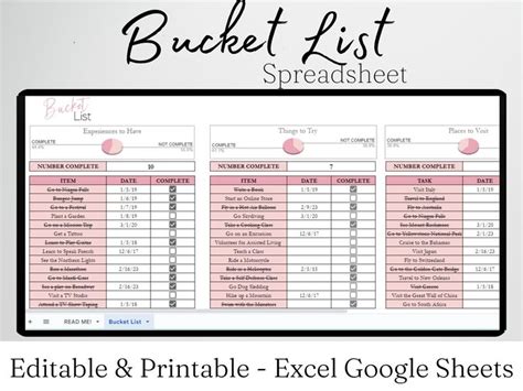 Bucket List Template Excel Spreadsheet Bucket List Journal Bucket List Google Sheets Editable