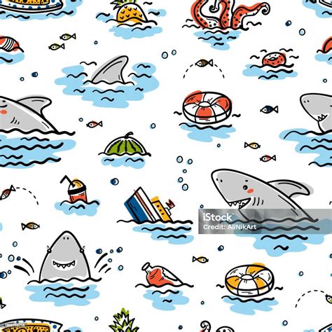 아이들을위한 만화 여름 바다 배경입니다 낙서 귀여운 상어 웃는 캐릭터와 다양한 개체와 물에서 떠또는 가라 앉는 음식과 벡터 원활한 유치한 패턴 상어상목에 대한 스톡 벡터