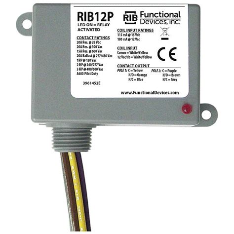 FUNCTIONAL DEVICES INC RIB Enclosed Relay 20A DPDT 12VAC Dc RIB12P Zoro