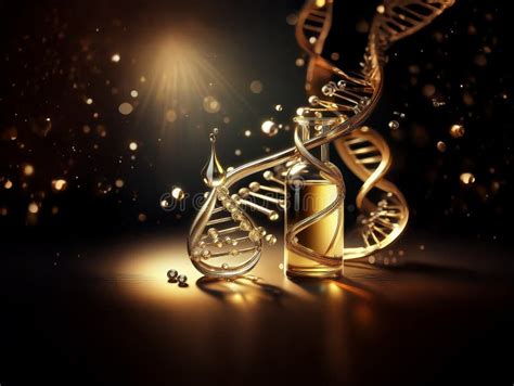 a golden elixir bottle sits beside a glowing dna helix suggesting