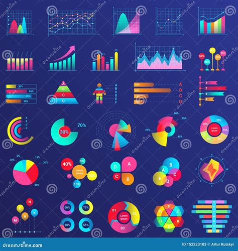 Charts Graphs Diagram Infographics Flat Neon Illustrations Set Stock