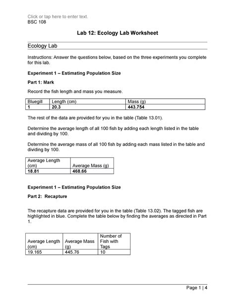 Bsc 108 Lab12 Ecology Lab Worksheet Bsc 108 Lab 12 Ecology Lab