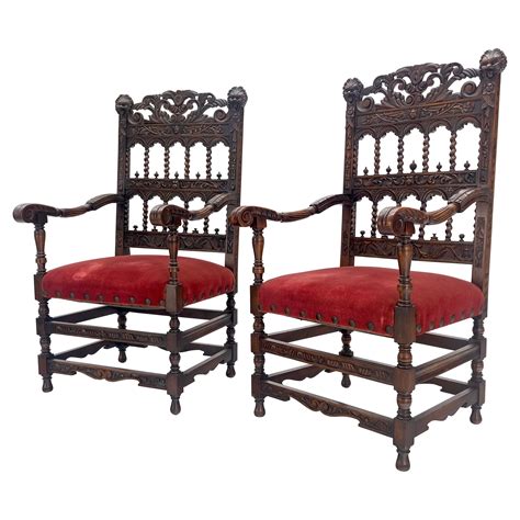 Fine Carved North Winds Faces Heavy Oak Arm Chairs Twisted Spindles