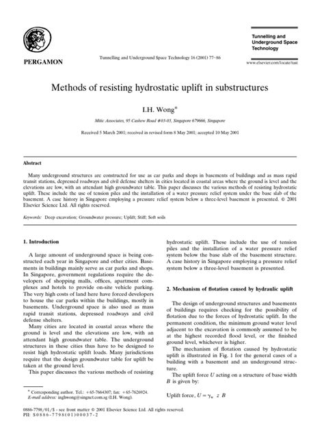 Methods Of Resisting Hydrostatic Uplift In Substructures I H Wong