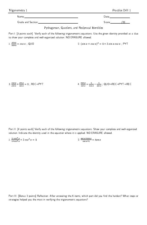 Trigo 1 Practice Drill Verifying Trigonometric Identities Studocu