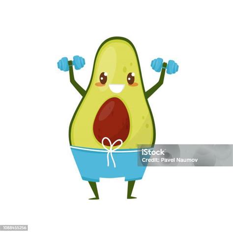 아령 함께 운동 하는 재미 있는 아보카도 흰색 바탕에 피트 니스 운동 벡터 일러스트 레이 션을 하 고 좋아하는 과일 만화 캐릭터 개념에 대한 스톡 벡터 아트 및 기타 이미지