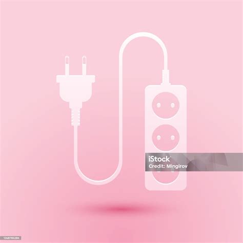 종이 컷 전기 확장 코드 아이콘 분홍색 배경에 격리 전원 플러그 소켓 종이 아트 스타일 벡터 0명에 대한 스톡 벡터 아트 및