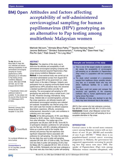 Pdf Attitudes And Factors Affecting Acceptability Of Self Administered Cervicovaginal Sampling
