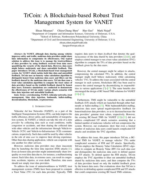 Pdf Trcoin A Blockchain Based Robust Trust Management System For Vanet