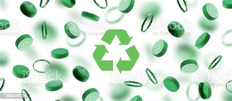 흰색 배경에 기호를 재활용하는 녹색 병 캡 플라스틱 캡부동 플라이 환경 피해로부터의 안전의 개념 환경 지속 가능성과 지구의 날의 아이디어 기치 날기에 대한 스톡 사진 및