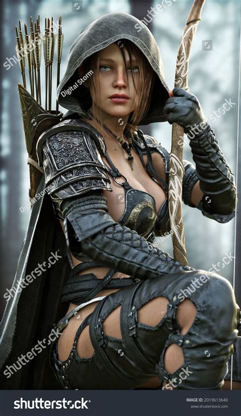 Portrait Fantasy Female Ranger Pathfinder Scouting Stock Illustration