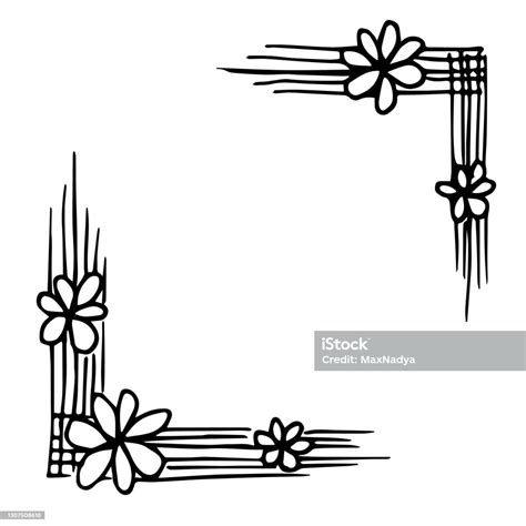 손으로 그린 플로럴 코너 프레임 간단한 벡터 검정 윤곽 그리기 꽃 줄무늬 스트로크 엽서 라벨의 장식 개체 그룹에 대한 스톡 벡터 아트 및 기타 이미지 Istock