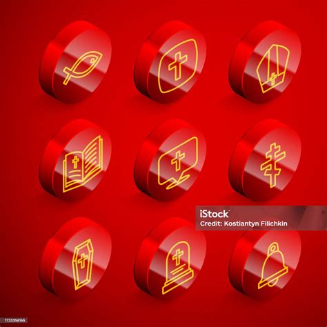 기독교 물고기 상징 십자가 교황 모자 성경책 위치 교회 건물 관 및 무덤을 묘비 아이콘으로 설정합니다 벡터 3차원 형태에 대한 스톡 벡터 아트 및 기타 이미지 Istock