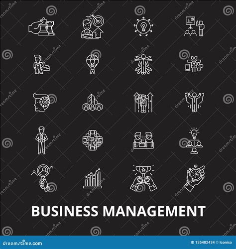 Business Management Editable Line Icons Vector Set On Black Background Business Management