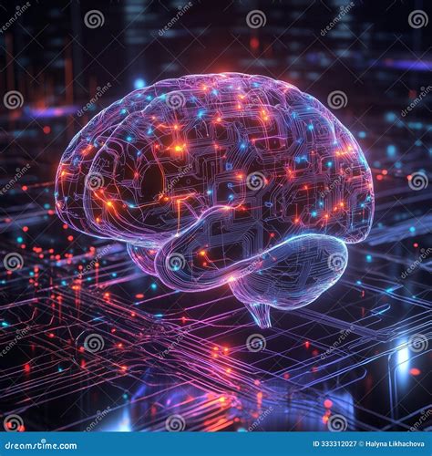 Digital Neural Network Glowing Brain In A Futuristic Matrix Stock Illustration Illustration Of