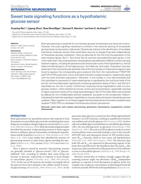 PDF Sweet Taste Signaling Functions As A Hypothalamic Glucose Sensor