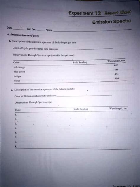 experiment 12 report sheet emission spectra date lob sec nome a
