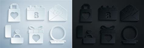 세트 기프트 박스와 하트 3월 8일 다이아몬드 약혼 반지 메이크업 파우더 미러 캘린더 및 쇼핑백 아이콘이 있는 봉투 벡터 0명에 대한 스톡 벡터 아트 및 기타 이미지