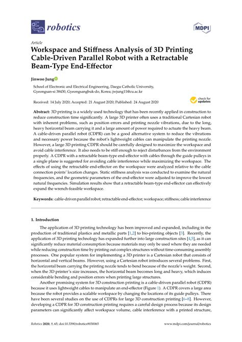 Pdf Workspace And Stiffness Analysis Of 3d Printing Cable Driven Parallel Robot With A