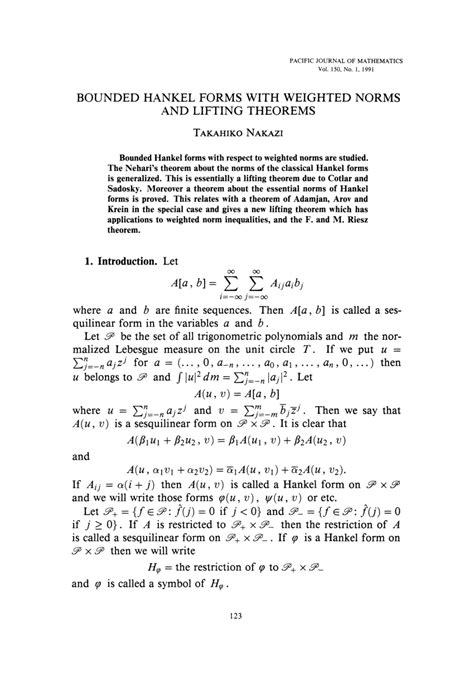 Pdf Bounded Hankel Forms With Weighted Norms And Lifting Theorems