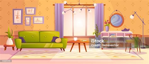 아늑한 거실 소파 및 관엽 식물이있는 커피 테이블의 인테리어 커튼이있는 넓은 창문 기능적인 아파트 편안한 공간 디자인 플랫 스타일의 벡터 가정의 방에 대한 스톡 벡터 아트