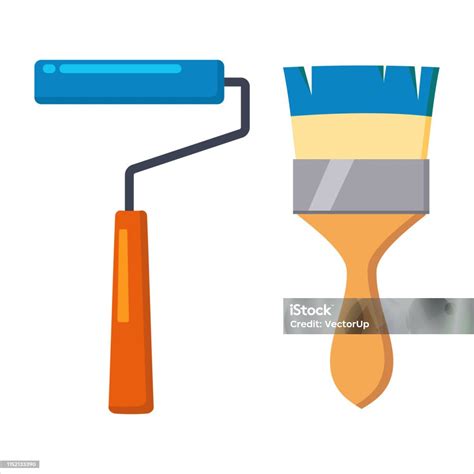 브러시 롤러 브러시 페인팅 벽 도구를 복구 합니다 화가 악기 홈 작업 프로세스 벡터 일러스트 레이 션 흰색 절연 카툰 스타일 개념에 대한 스톡 벡터 아트 및 기타 이미지