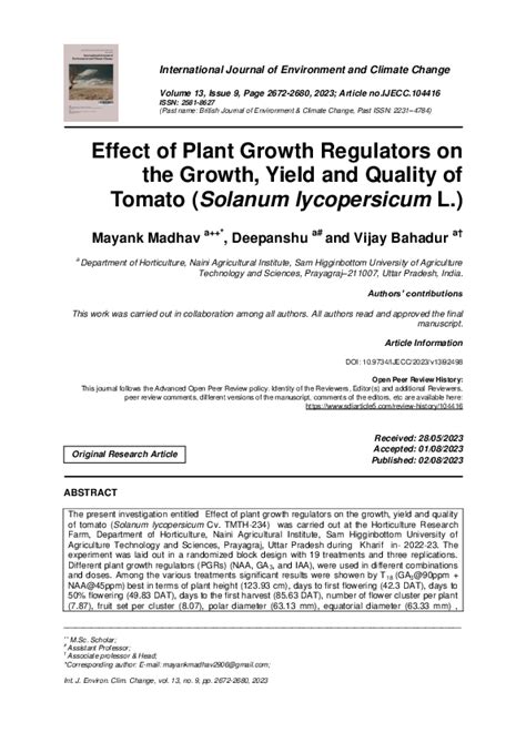 Pdf Effect Of Plant Growth Regulators On The Growth Yield And