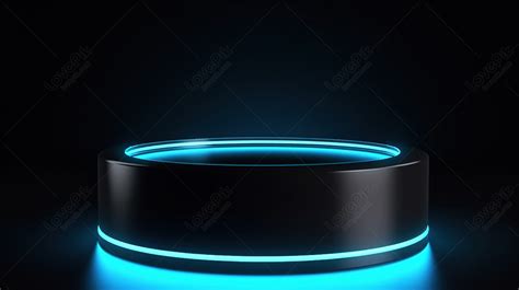검정색 베이스에 빈 제품 디스플레이가 있는 눈길을 끄는 네온 조명 연단 파란색 원 글로우를 사용한 3d 렌더링 눈길 배경 연단 배경 레이스 배경 이미지 Hd 눈길
