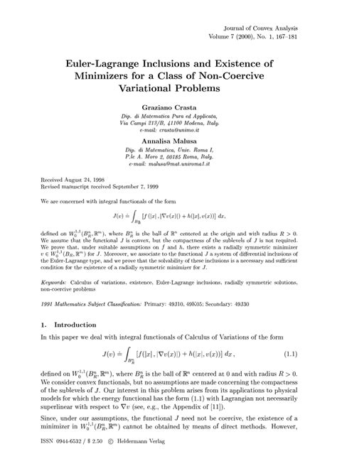 Pdf Euler Lagrange Inclusions And Existence Of Minimizers For A Class Of Non Coercive