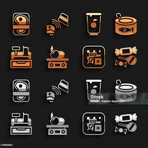 제품용 전자 저울 생선 통조림 사탕 Qr 코드 금전 등록기 요구르트 용기 육류 포장 스테이크 및 신용 카드 아이콘이 있는 Pos 단말기를 설정합니다 벡터 0명에 대한 스톡