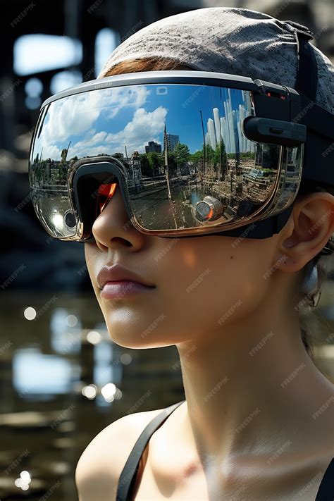 Premium Ai Image A Woman Wearing Goggles With Reflection Of A City In