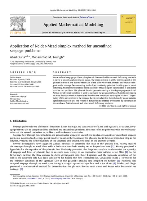 Pdf Application Of Nelder Mead Simplex Method For Unconfined Seepage Problems