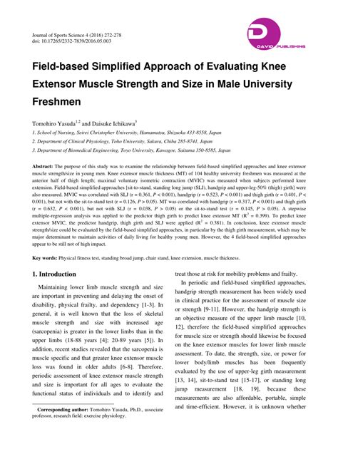 Pdf Field Based Simplified Approach Of Evaluating Knee Extensor Muscle Strength And Size In
