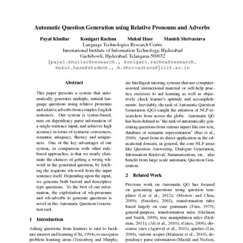 Automatic Question Generation Using Relative Pronouns And Adverbs Acl Anthology