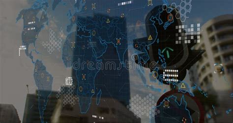 Animation Of World Map And Data Processing Against Traffic Signal Light