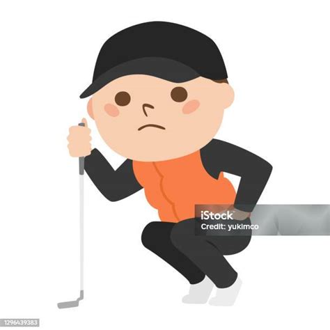 골프를 치는 남자의 일러스트 그린의 라인을 바라보는 남자 골프에 대한 스톡 벡터 아트 및 기타 이미지 골프 만화 Golf