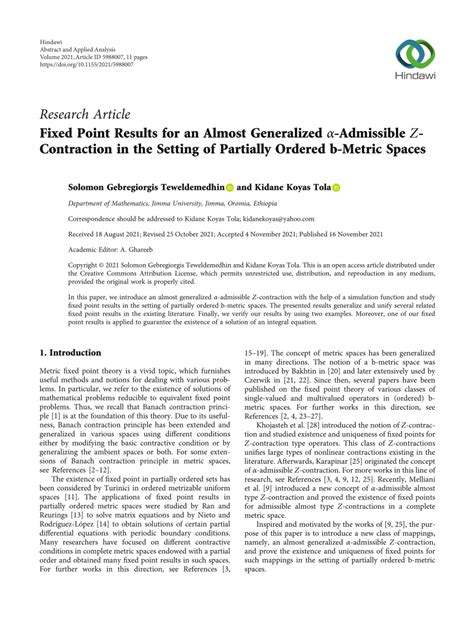 Pdf Fixed Point Results For An Almost Generalized α Admissible Z Contraction In The Setting