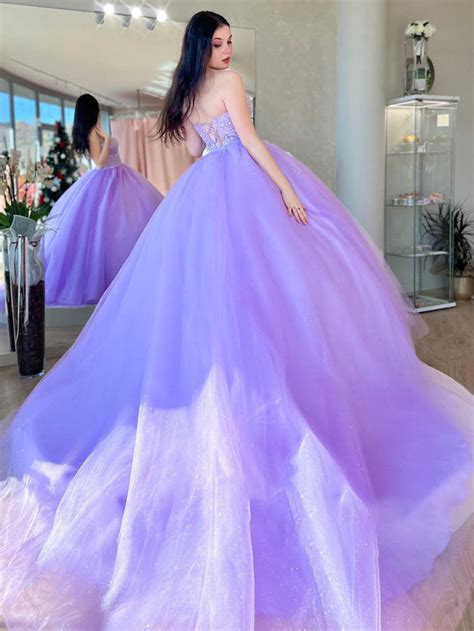Lilac Tulle Ball Gown Beaded Long Prom Quinceanera Dresses Kissprom