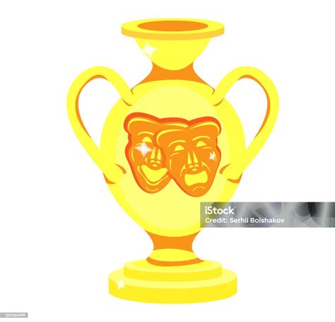 비극과 코미디의 극장 마스크 황금 골동품 기둥의 동상 현대 평면 만화 스타일 벡터 일러스트 아이콘입니다 흰색 배경에 격리 비극의 극장 마스크 황금 열 건축에 대한 스톡 벡터