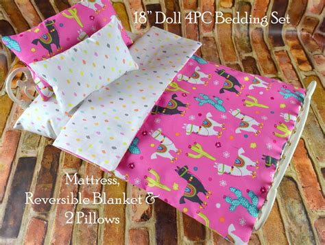 18 In Doll Bedding Set Pink Llama Print Reversible Blanket Etsy