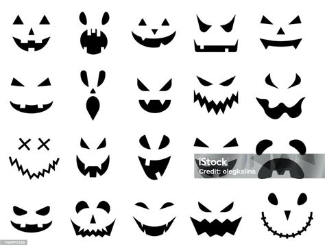 할로윈 몬스터 잭 랜턴 호박 20 실루엣 세트는 빛나는 무서운 얼굴을 새겼습니다 휴일 할로윈을위한 디자인 벡터 그림입니다 10월에 대한 스톡 벡터 아트 및 기타 이미지