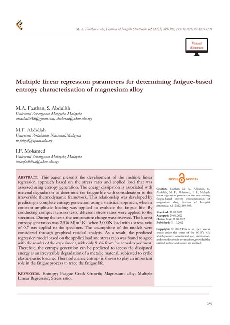 Pdf Multiple Linear Regression Parameters For Determining Fatigue Based Entropy
