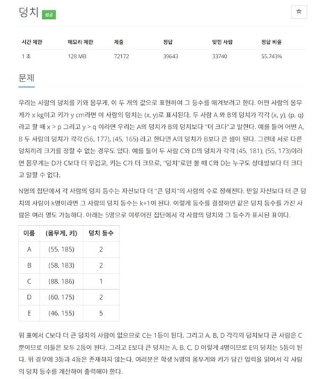 백준 7568 Silver5 덩치 Java 백준 7568 Silver5 덩치 Java