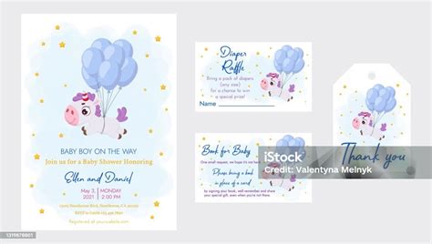기저귀 추첨 아기를위한 책과 감사 태그와 함께 가는 길에 베이비 샤워 인쇄 파티 초대 카드 템플릿 아기 소년 풍선에 비행 귀여운 마법의 유니콘 세트 초대 세트 유니콘에 대한