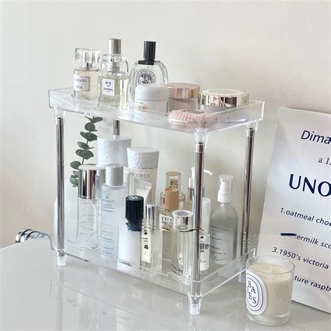 미드센추리 모던 투명 2단 선반 정리함 파우더룸 테이블 화장품 정리함 다용도 진열대